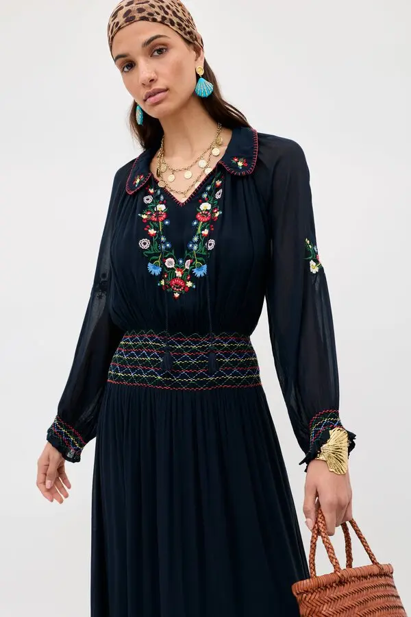 Rixo Emilio Petunia Embroidered Dress - Navy