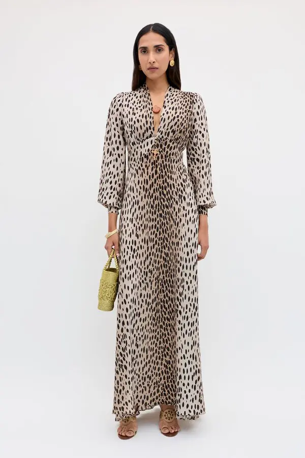 Rixo Emory Antelope Spot Black Silk Midi Dress Regular - Brown