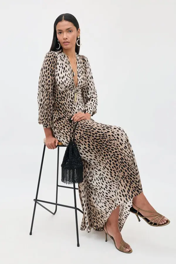 Rixo Emory Antelope Spot Print Silk Midi Dress