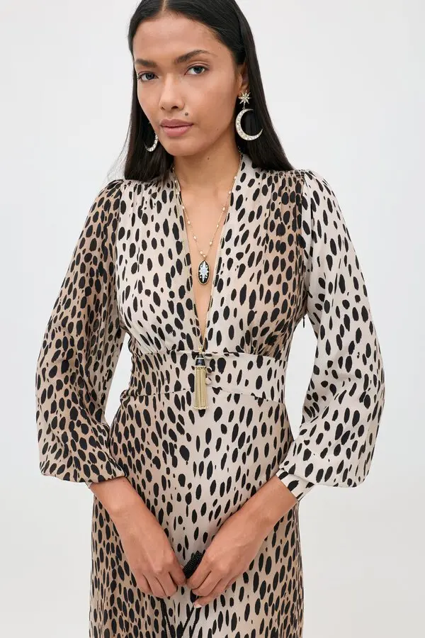 Rixo Emory Antelope Spot Print Silk Midi Dress