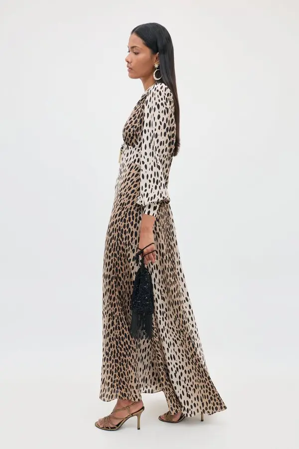 Rixo Emory Antelope Spot Print Silk Midi Dress