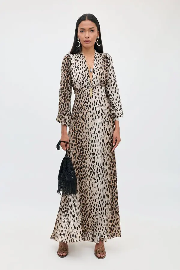 Rixo Emory Antelope Spot Print Silk Midi Dress