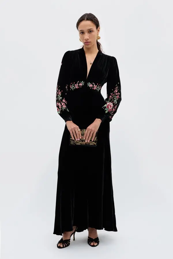 Rixo Emory Blossom Embroidery Pink Viscose Midi Dress Regular - Black
