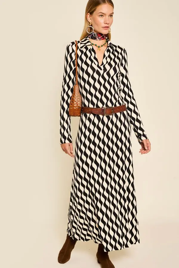 Rixo Tillie Mono Wave Jersey Midi Dress
