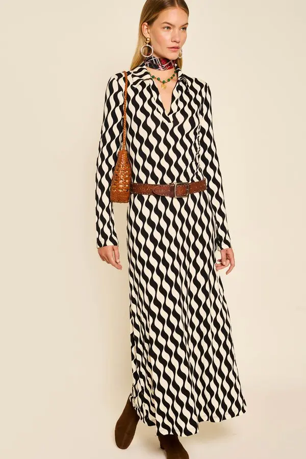 Rixo Tillie Mono Wave Jersey Midi Dress