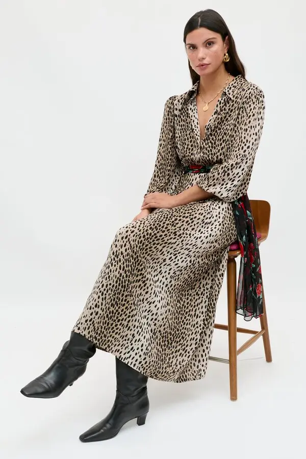Rixo Izzy Antelope Spot Black Viscose Midi Dress Regular - Brown