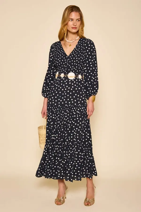 Rixo Brooke Bohemia Spot Deep Viscose Midi Dress Regular - Navy