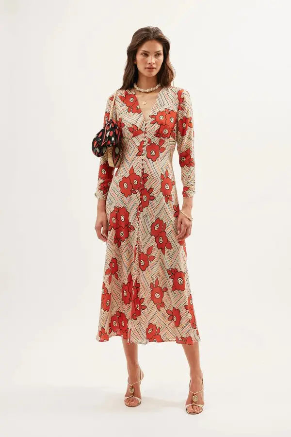 Rixo Katie Milos Floral Cream Regular - Red