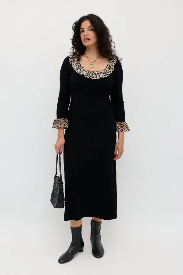 Rixo Mika Antelope Spot Knit Midi Dress Regular - Black