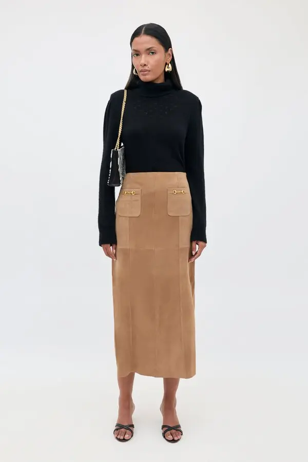 Rixo Regular A-line Suede Skirt - Brown