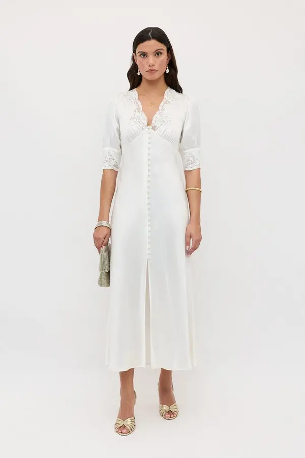 Rixo Simone V-neck Midi Dress Regular - Ivory
