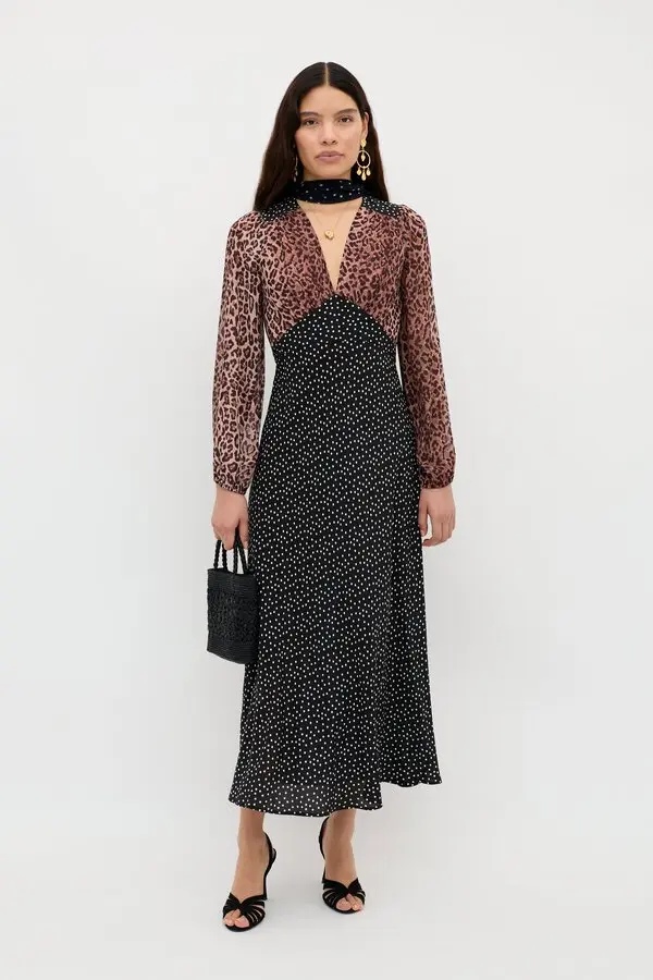 Rixo Kaila Leopard Spot Silk Midi Dress Regular - Brown
