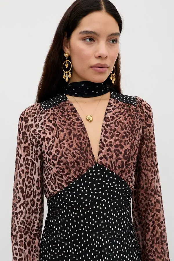 Rixo Kaila Leopard Spot Silk Midi Dress