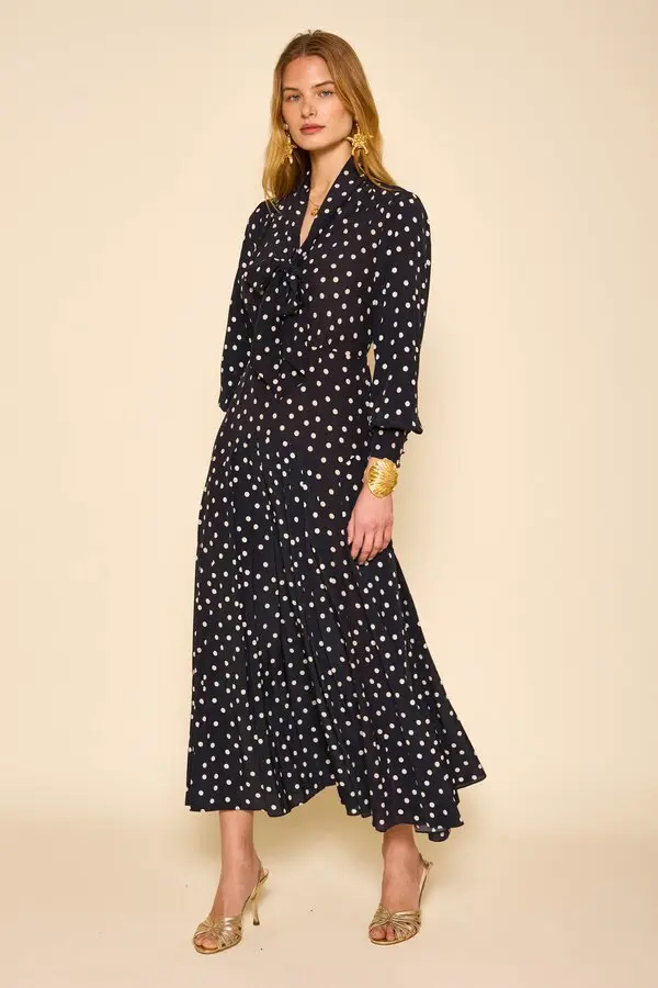 Rixo Marigold Bohemia Spot Deep Silk Midi Dress Regular - Navy