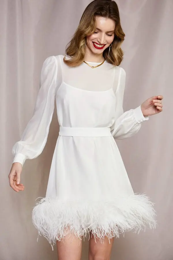 Rixo Letty Feathered Mini Dress Regular - Ivory