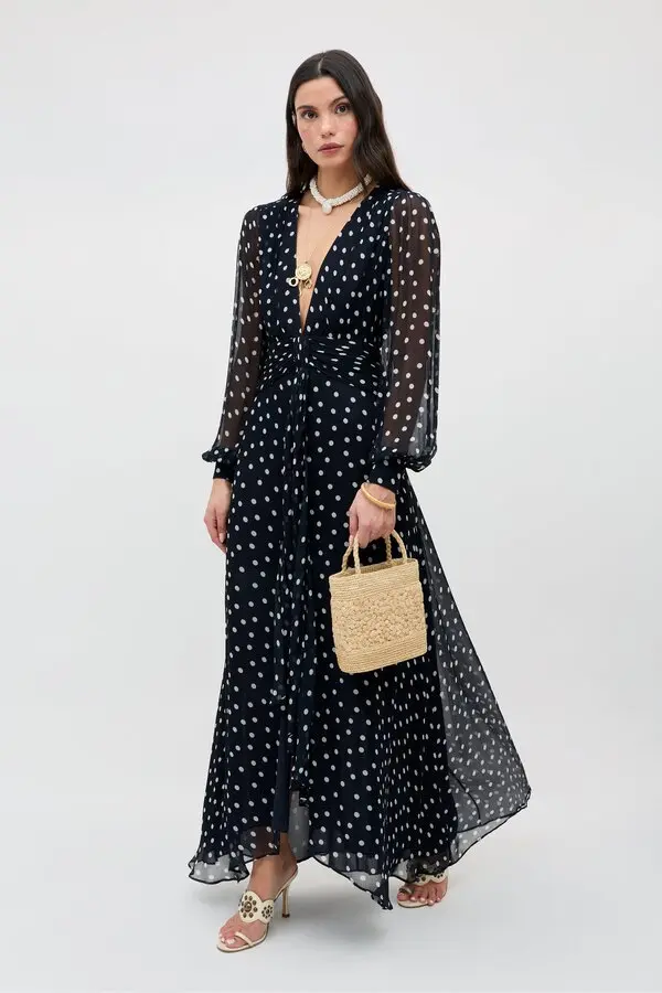 Rixo Meera Bohemia Spot Deep Viscose Midi Dress Regular - Navy