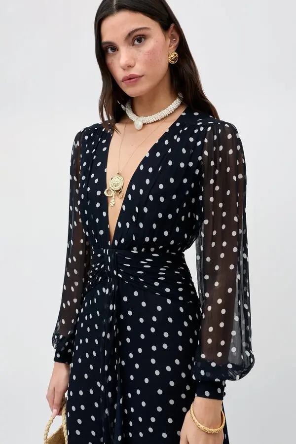 Rixo Meera Bohemia Spot Viscose Midi Dress - Navy