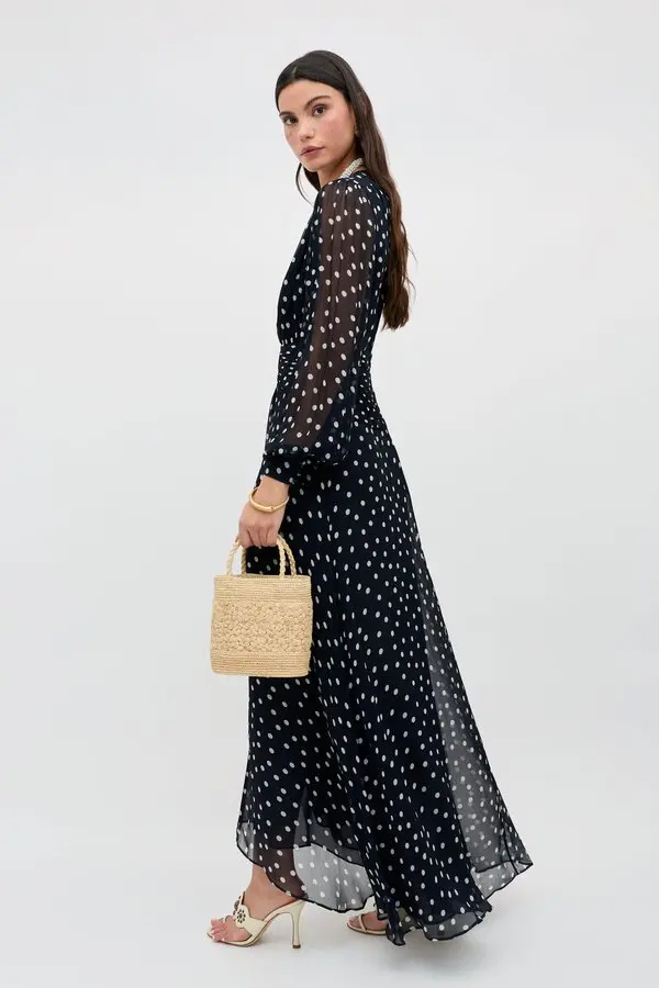 Rixo Meera Bohemia Spot Viscose Midi Dress - Navy
