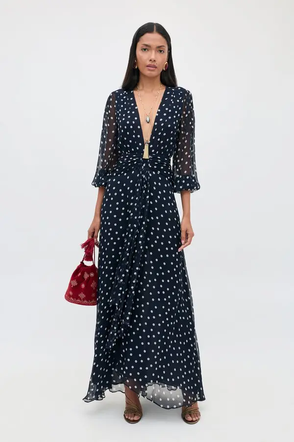 Rixo Meera Bohemia Spot Viscose Midi Dress - Navy