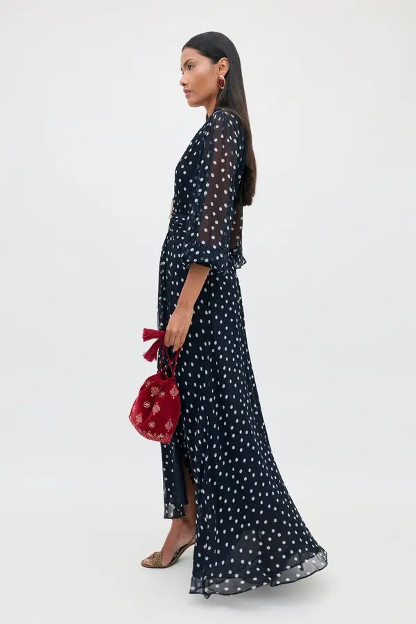 Rixo Meera Bohemia Spot Viscose Midi Dress - Navy