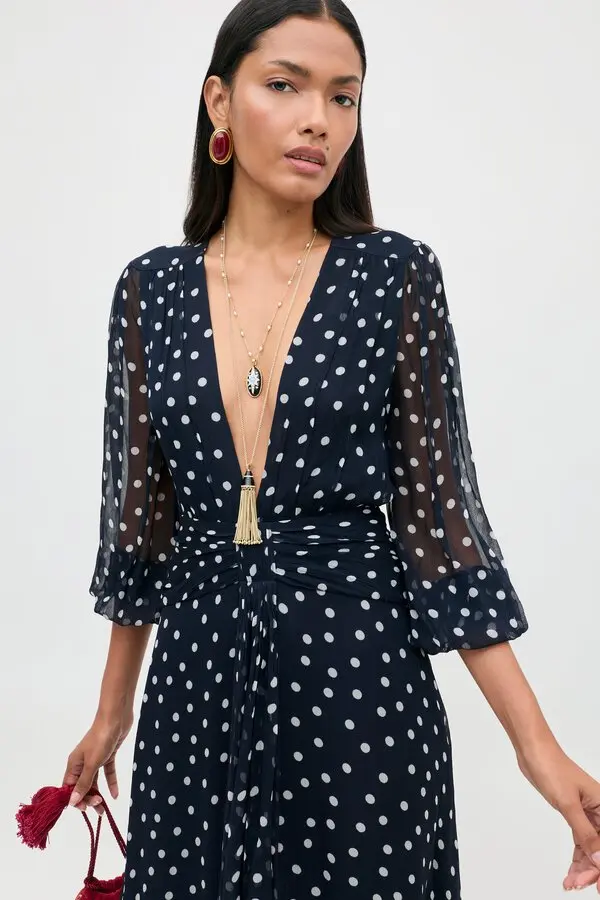 Rixo Meera Bohemia Spot Viscose Midi Dress - Navy