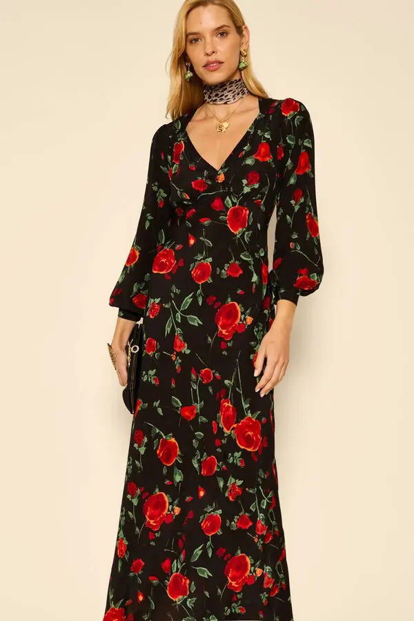 Rixo Mavis Claudia Rose Silk Midi Dress Regular - Black
