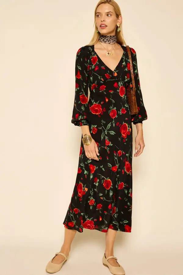 Rixo Mavis Claudia Rose Silk Midi Dress Regular - Black