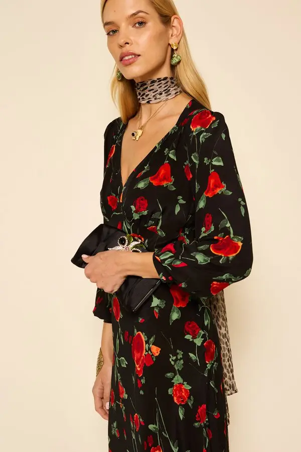 Rixo Mavis Claudia Rose Silk Midi Dress Regular - Black