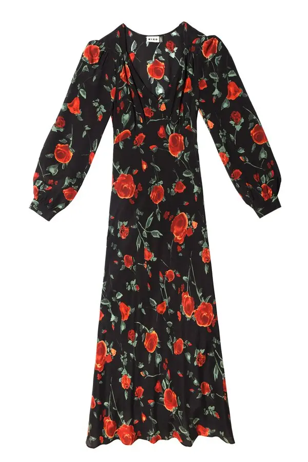 Rixo Mavis Claudia Rose Silk Midi Dress Regular - Black