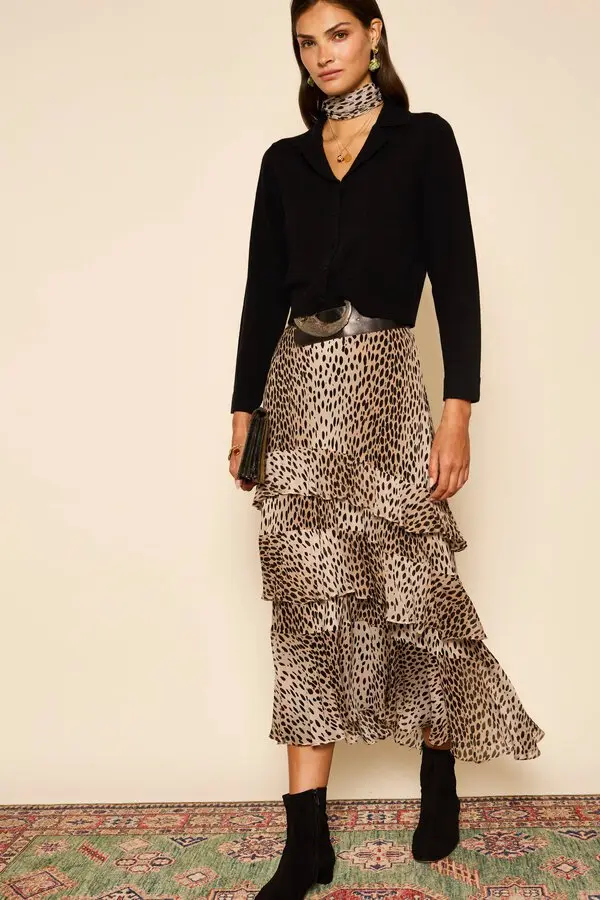 Rixo Preslee Antelope Spot Viscose Midi Skirt