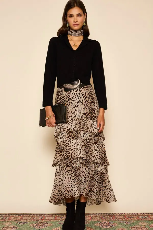 Rixo Preslee Antelope Spot Viscose Midi Skirt