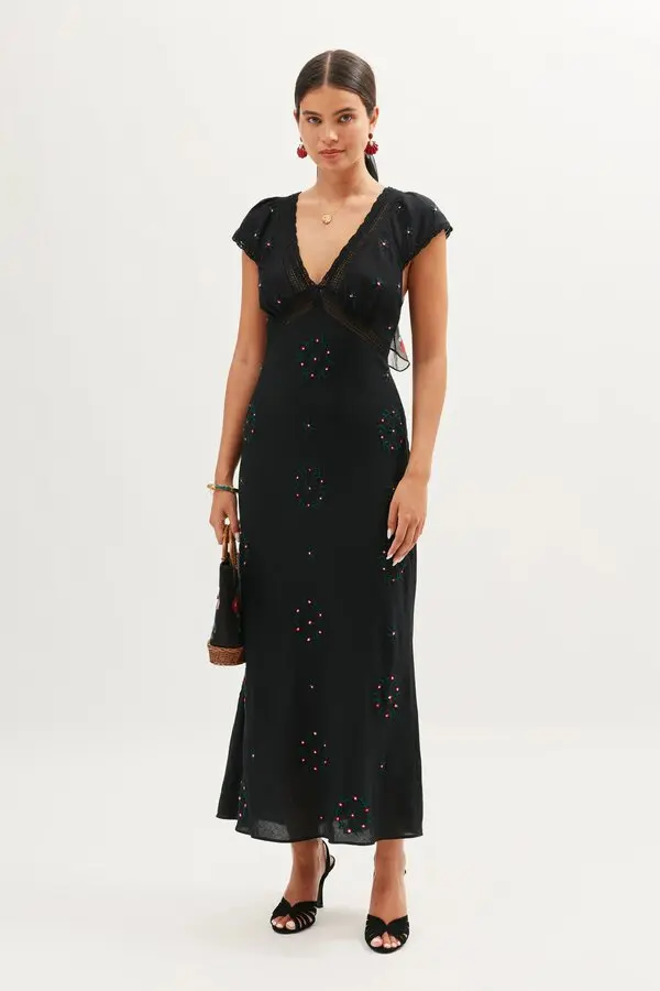 Rixo Iggy Rose Trail Embroidered Dress