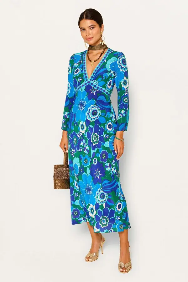 Rixo Tania Miami Floral Emerald Silk Midi Dress Regular - Blue