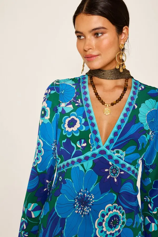 Rixo Tania Miami Floral Emerald Midi Dress - Blue