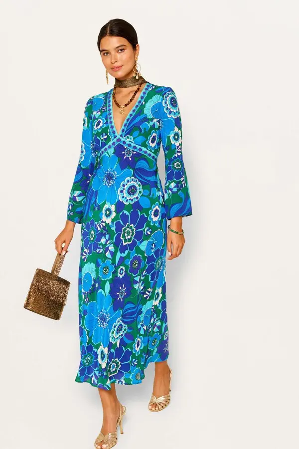 Rixo Tania Miami Floral Emerald Midi Dress - Blue