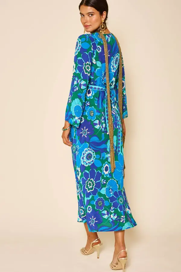 Rixo Tania Miami Floral Emerald Midi Dress - Blue