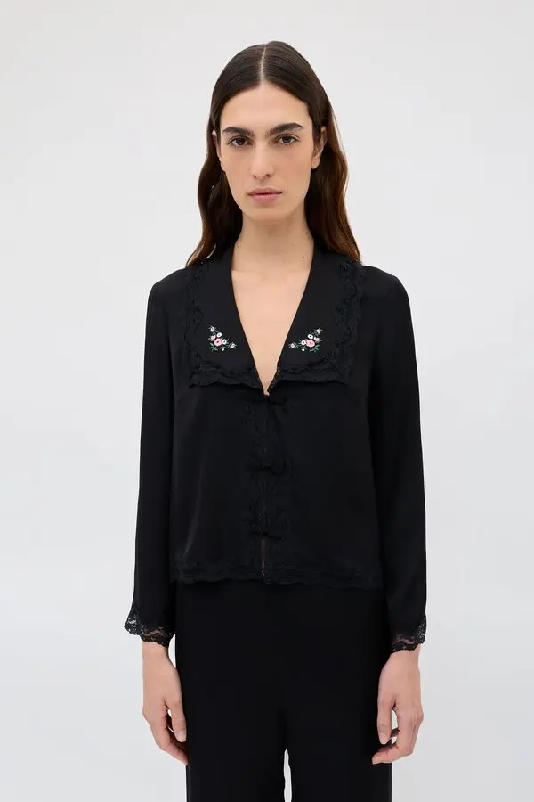 Rixo Nienna Peonies Embroidery Regular - Black
