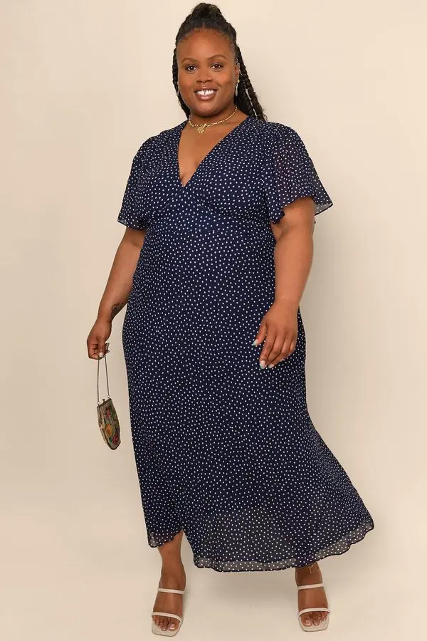 Rixo Florida Mini Dot V-neck Midi Dress Regular - Navy
