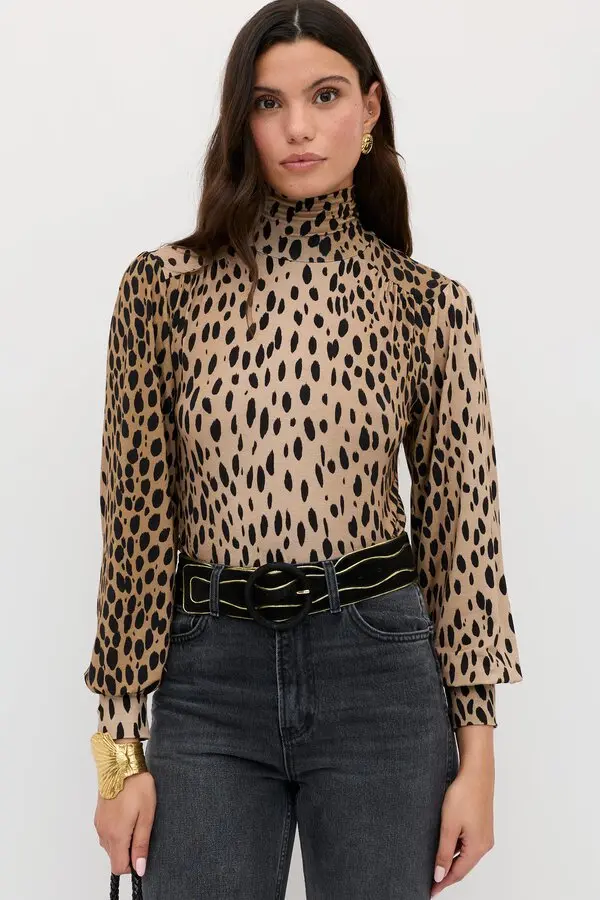 Rixo Suki Antelope Spot Black Jersey Midi Top Regular - Brown