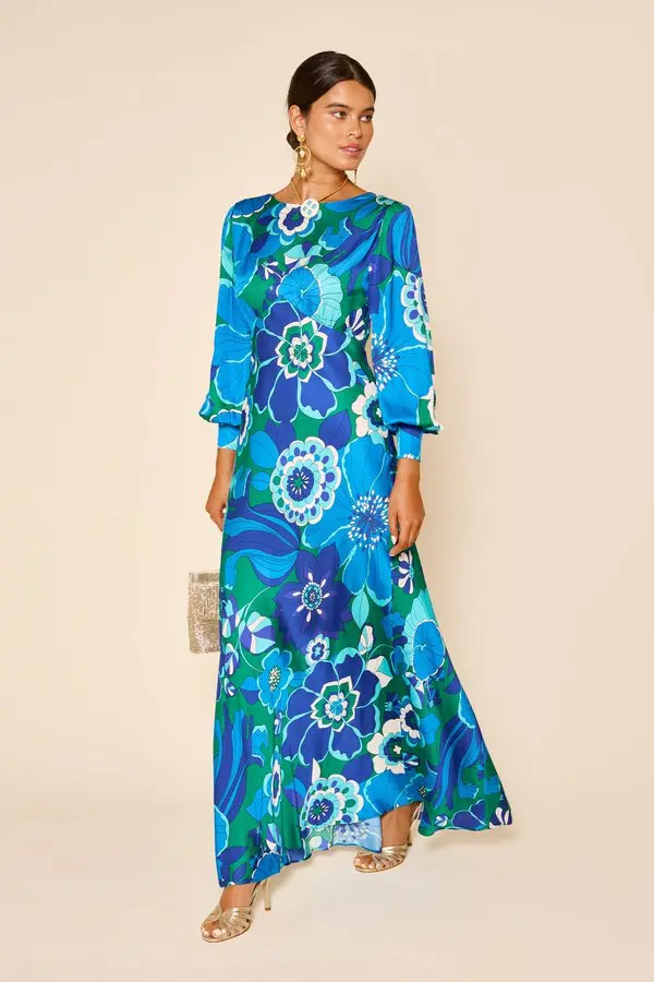 Rixo Marni Miami Floral Emerald Open-back Satin Gown Regular - Blue