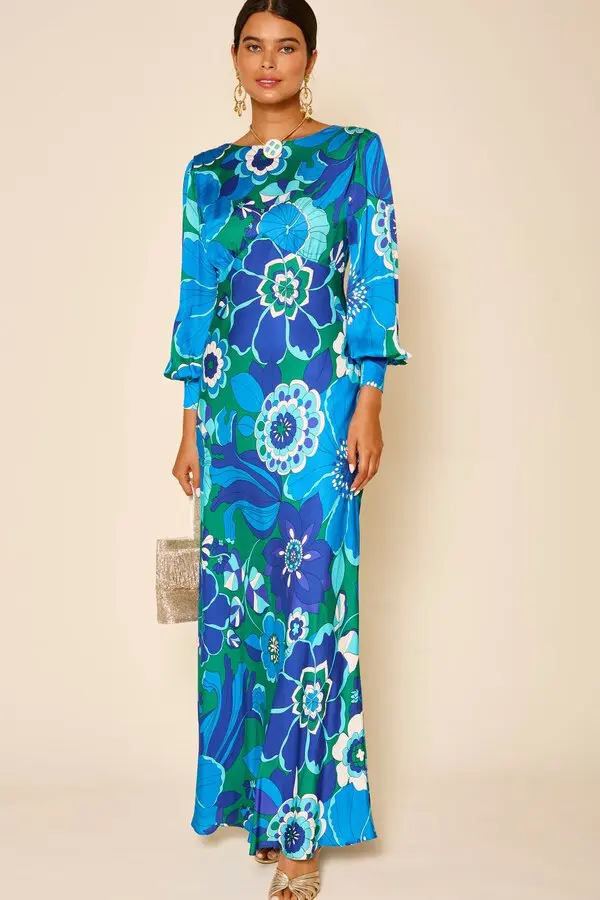 Rixo Floral Satin Open-back Gown - Blue