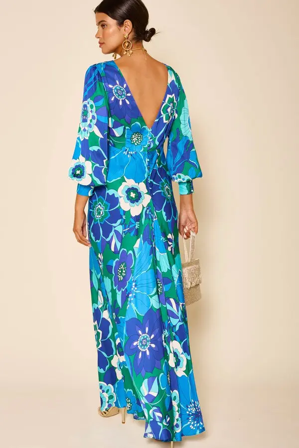 Rixo Floral Satin Open-back Gown - Blue
