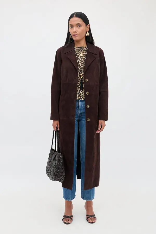 Rixo Suede Longline Coat - Brown