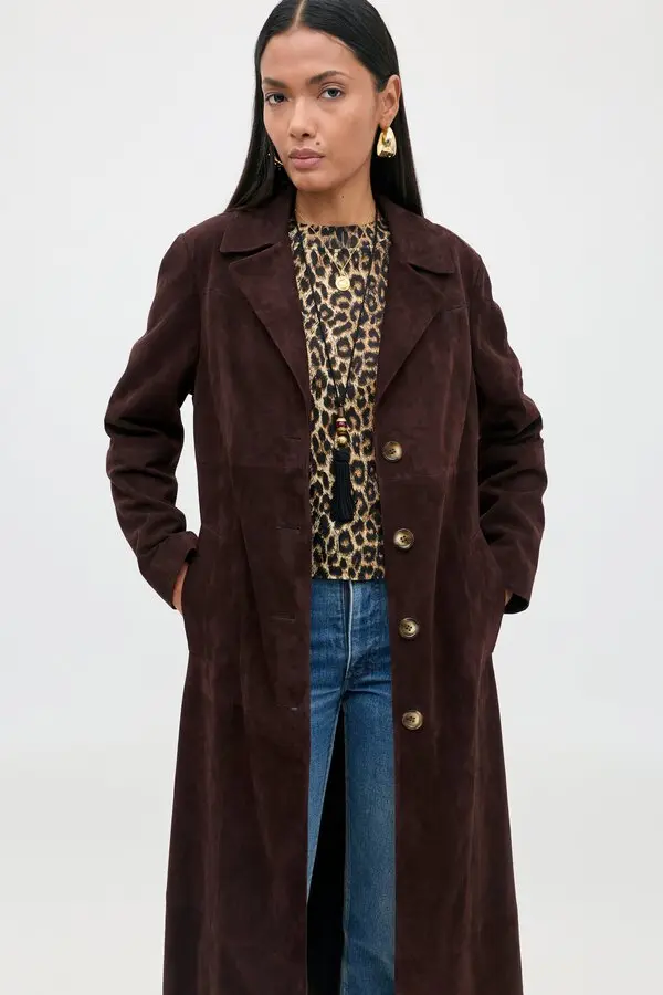 Rixo Suede Longline Coat - Brown