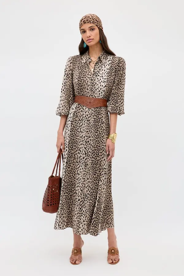 Rixo Maddison Antelope Spot Black Viscose Midi Dress Regular - Brown