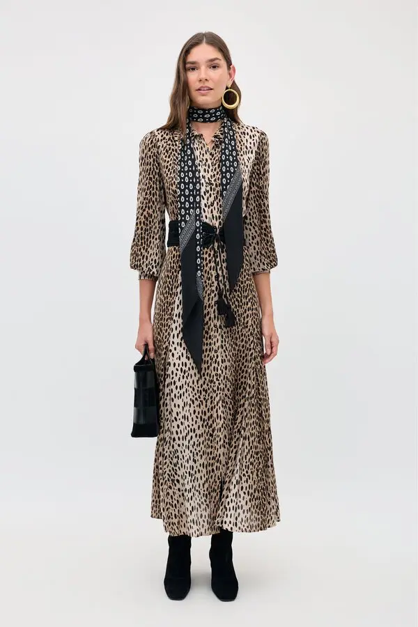 Rixo Maddison Antelope Spot Black Viscose Midi Dress - Brown