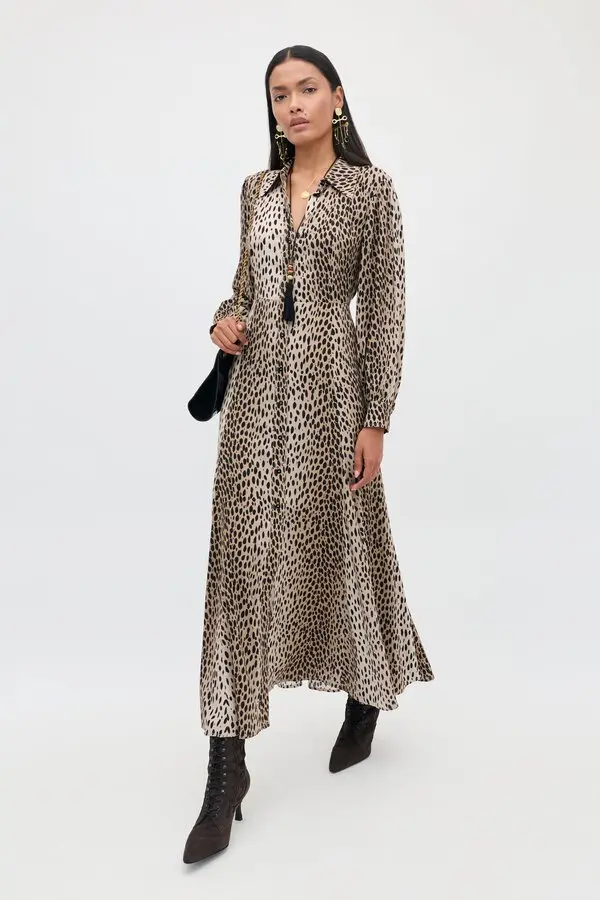 Rixo Maddison Antelope Spot Black Viscose Midi Dress - Brown