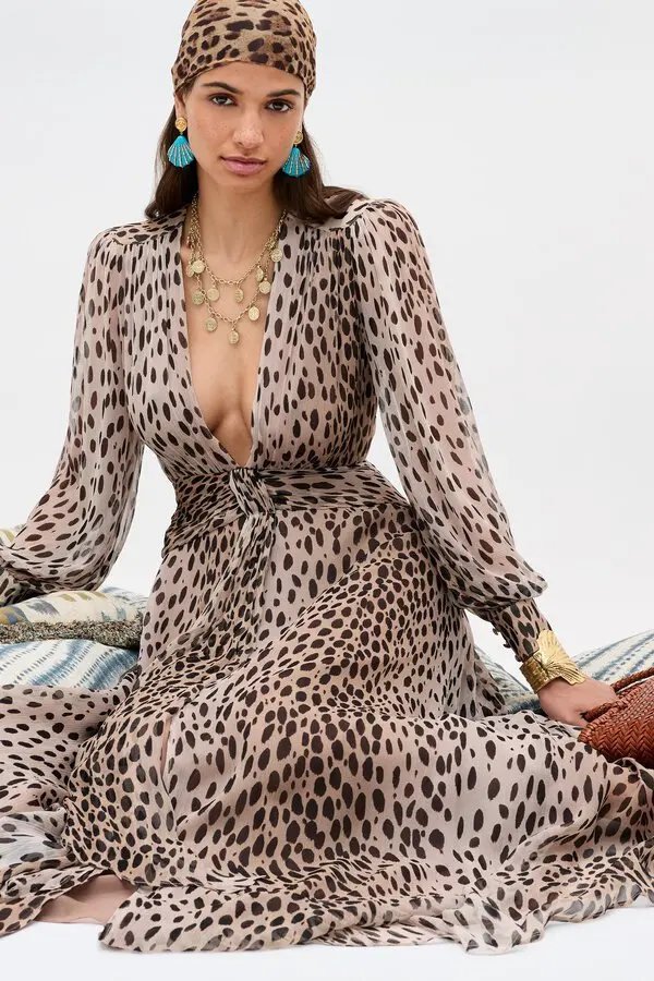 rixo brown dress Kaila Silk Leopard Midi Dress in Leopard Spot Brown