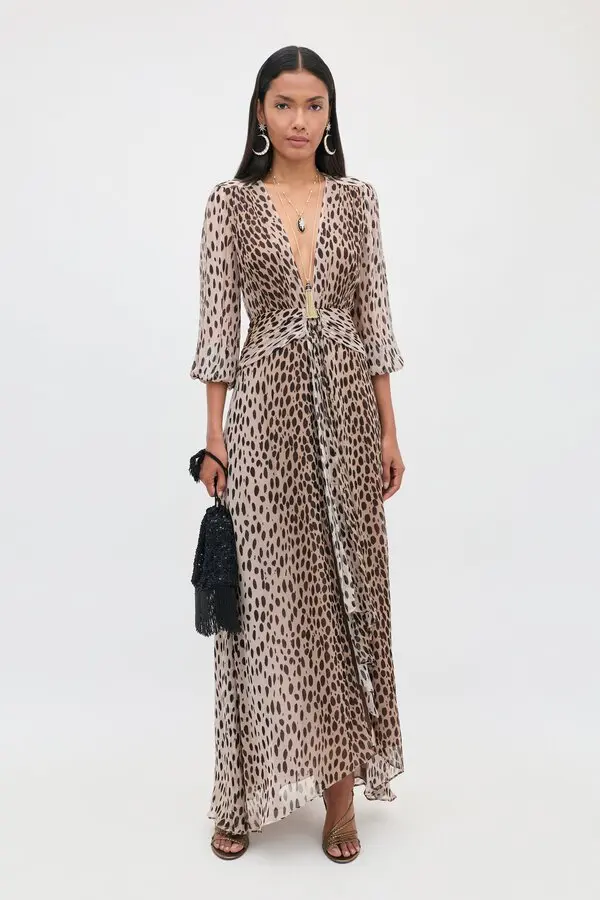 Rixo Meera Antelope Spot Viscose Midi Dress - Brown