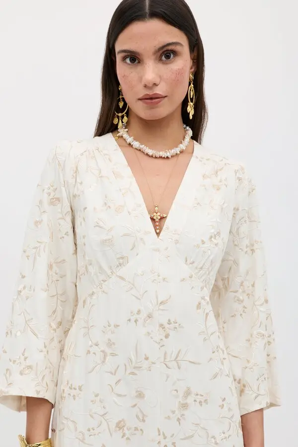 Rixo Dahlia Botanical Embroidery Pearl Dress